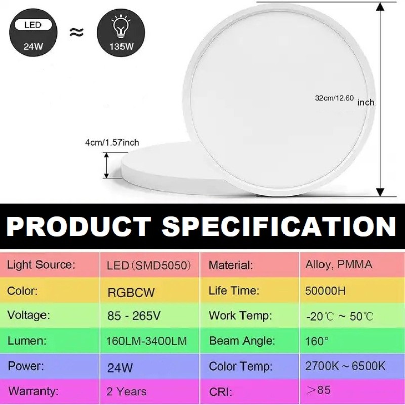 Smart RGB Ceiling Light | App-Controlled LED Lighting with Timer, RGB ...